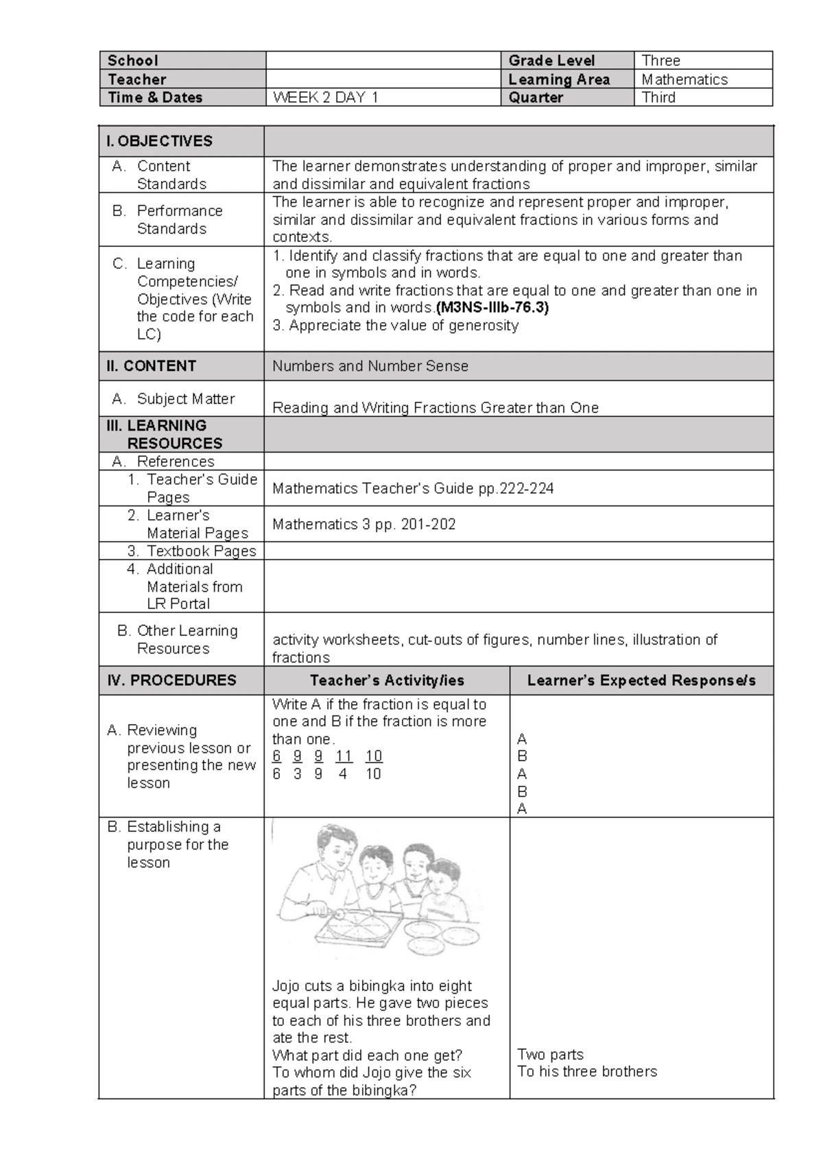 Day 3 Detailed Math Lesson Plan for G3: Fractions & Representation ...
