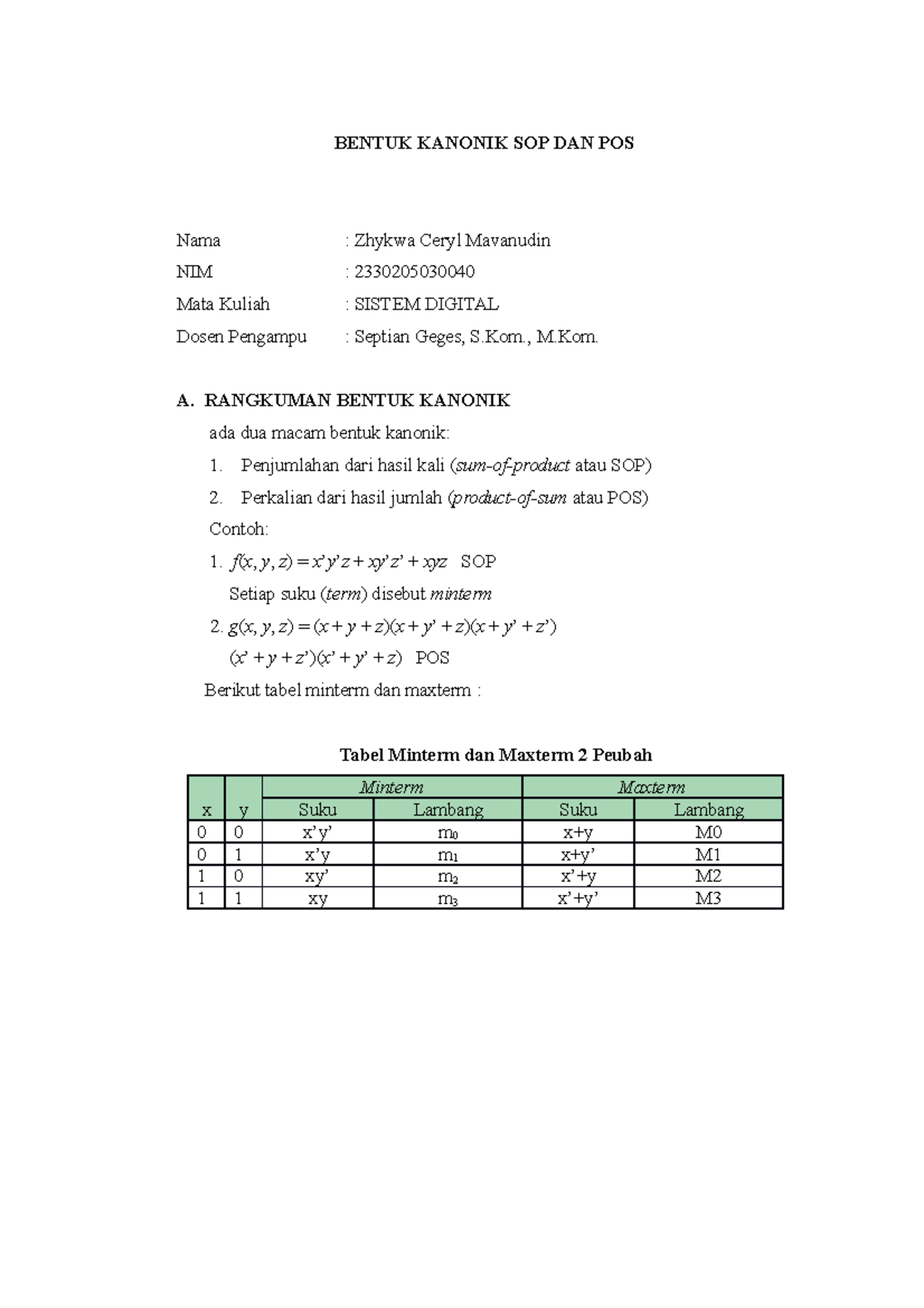 Bentuk Kanonik SOP dan POS dalam Sistem Digital (SISTEM DIGITAL) - Studocu