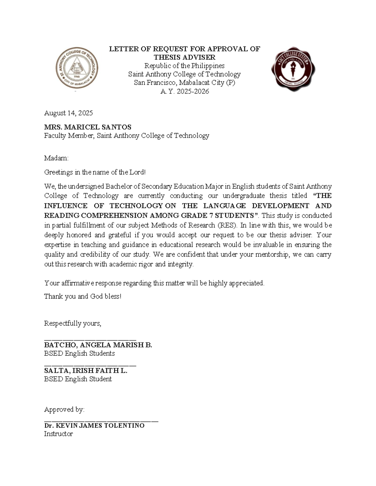 Request for Thesis Adviser Approval - BSED English (RES) - Studocu