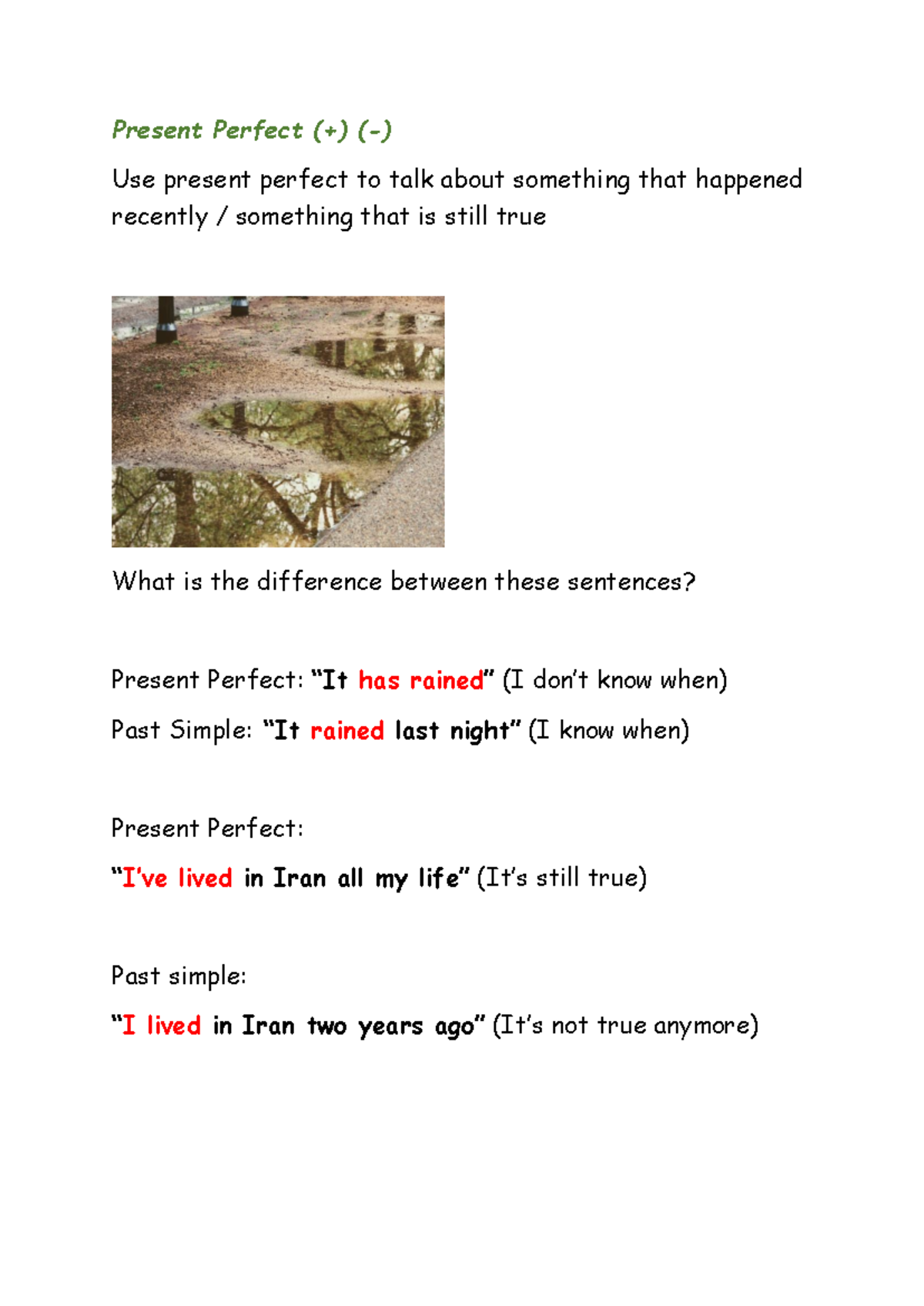 Present Perfect: Class Notes on Recent Usage and Differences - Studocu