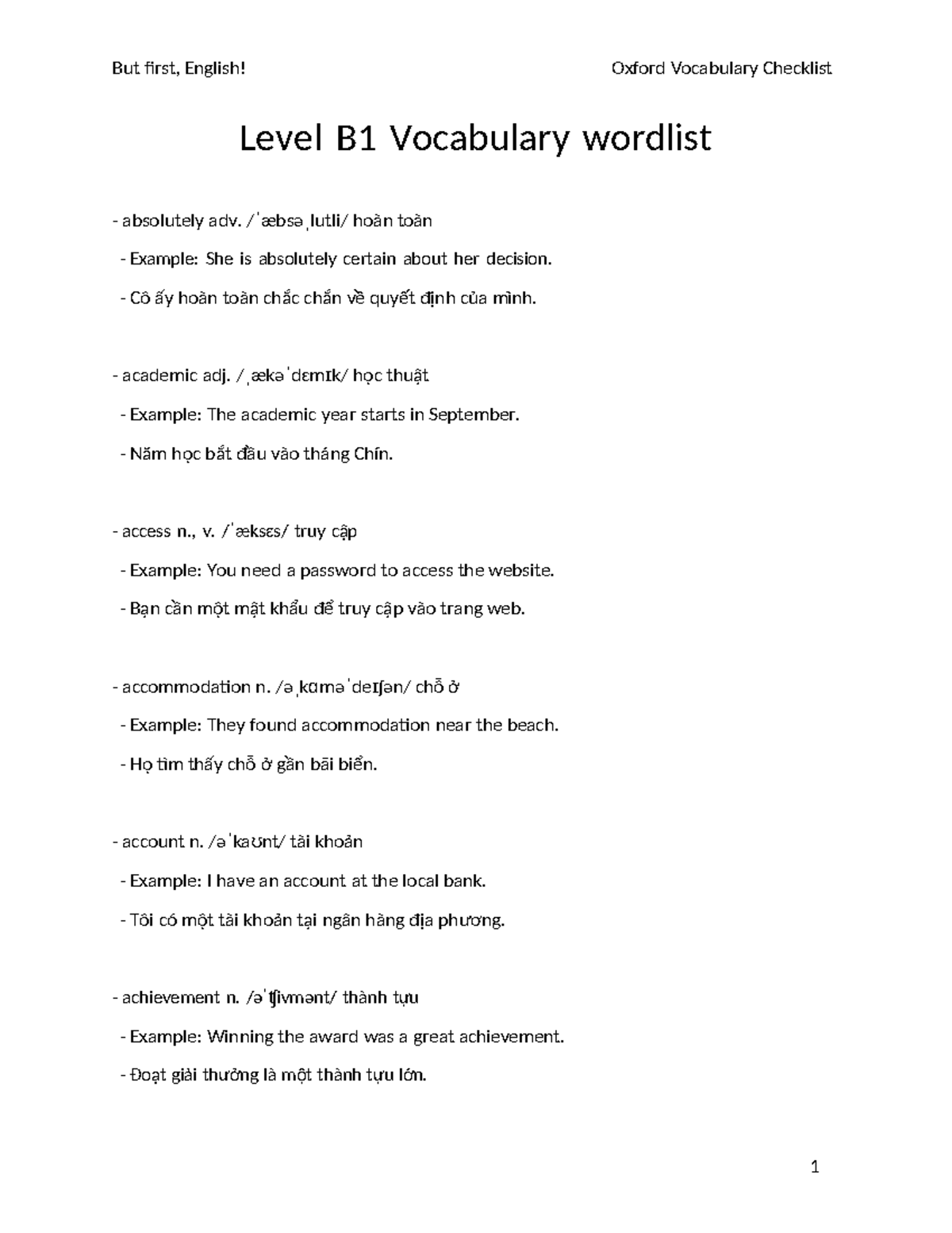 Oxford Vocabulary Checklist: Level B1 Wordlist and Examples - Studocu