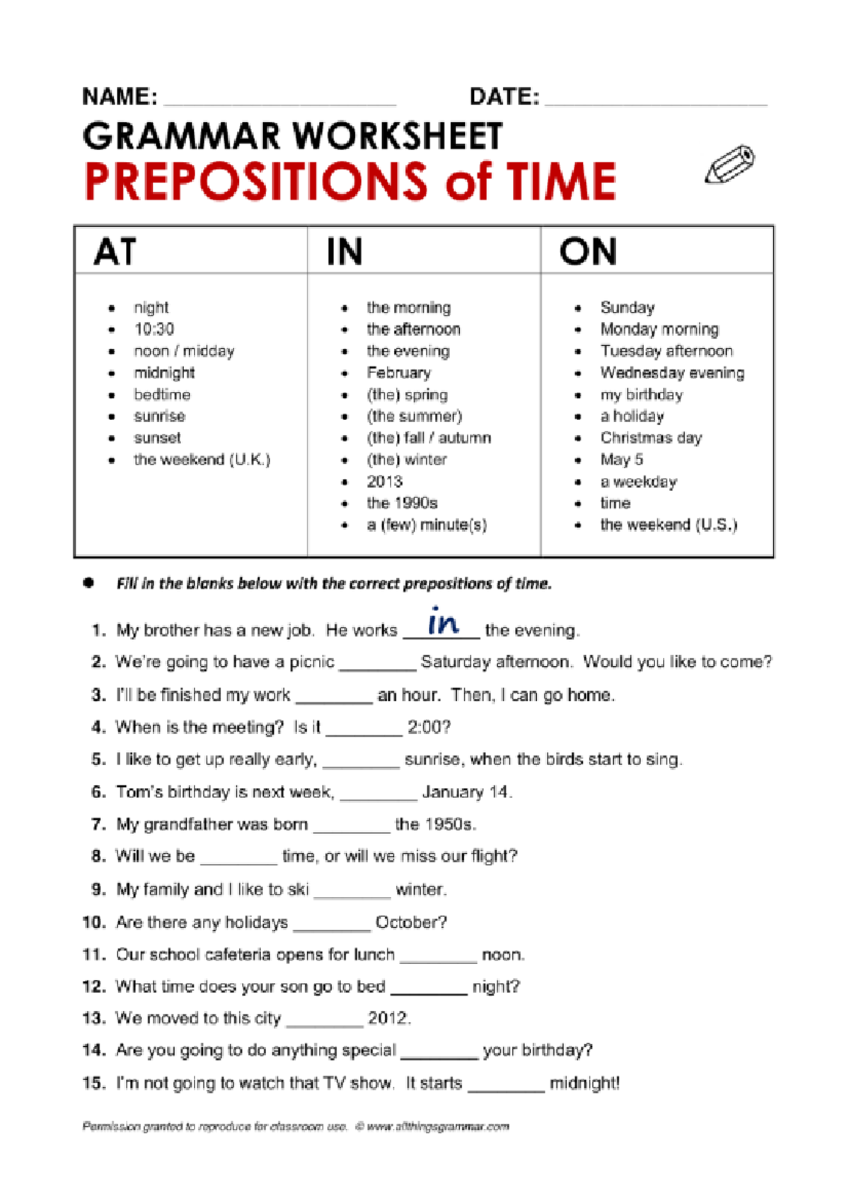 Worksheet - Prepositions OF TIME - NAME: DATE: GRAMMAR WORKSHEET ...