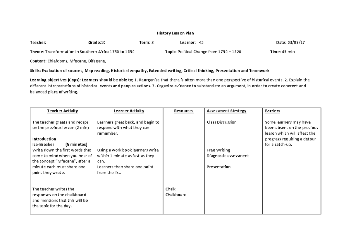 History Lesson Plan (Grade 10, Term 3): Political Change 1750-1820 ...