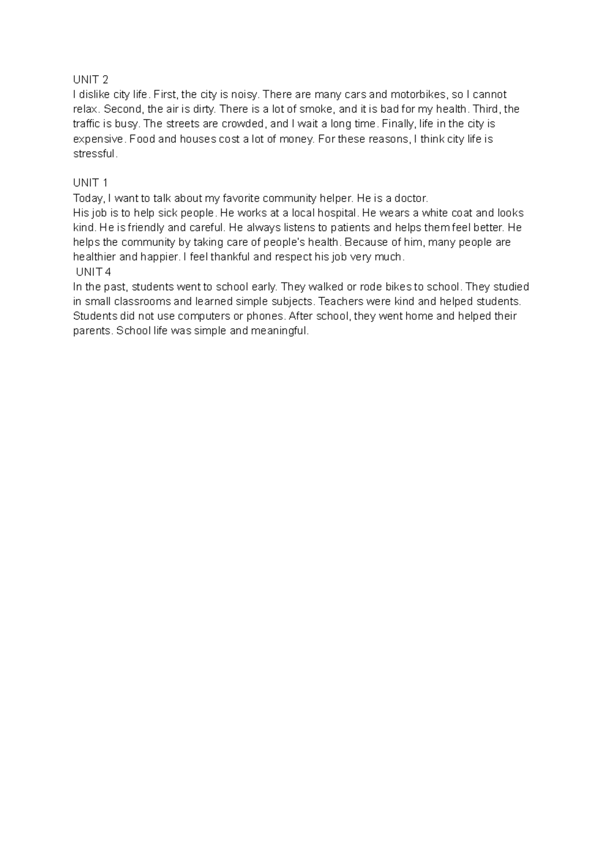 UNIT 2: Dislike of City Life and Community Helpers - Studocu