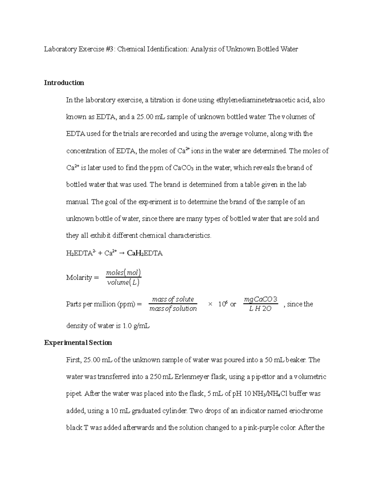 Laboratory Exercise #3 Chemical Identification Analysis of Unknown ...
