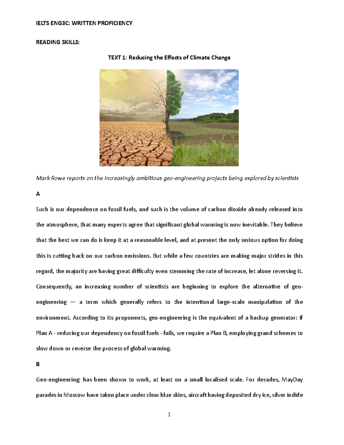 IELTS ENG3C: WRITTEN PROFICIENCY READING SKILLS: Climate Change ...