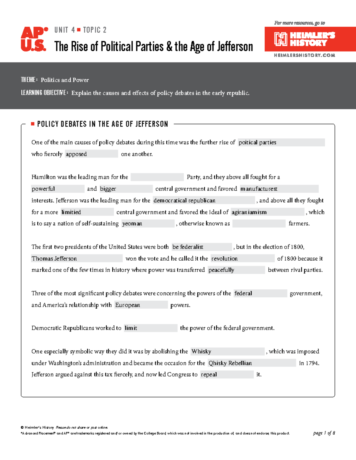 APUSH Unit 4.2: Policy Debates in the Age of Jefferson - Key Notes ...