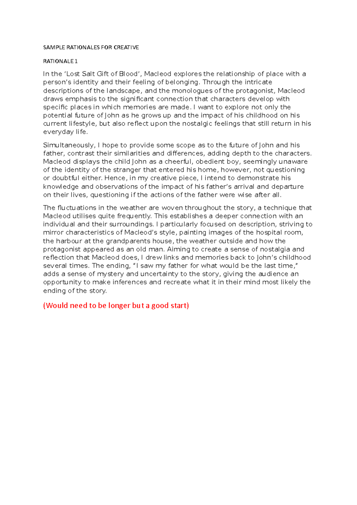 Rationales for Creative Writing: Analysis and Reflection - Studocu