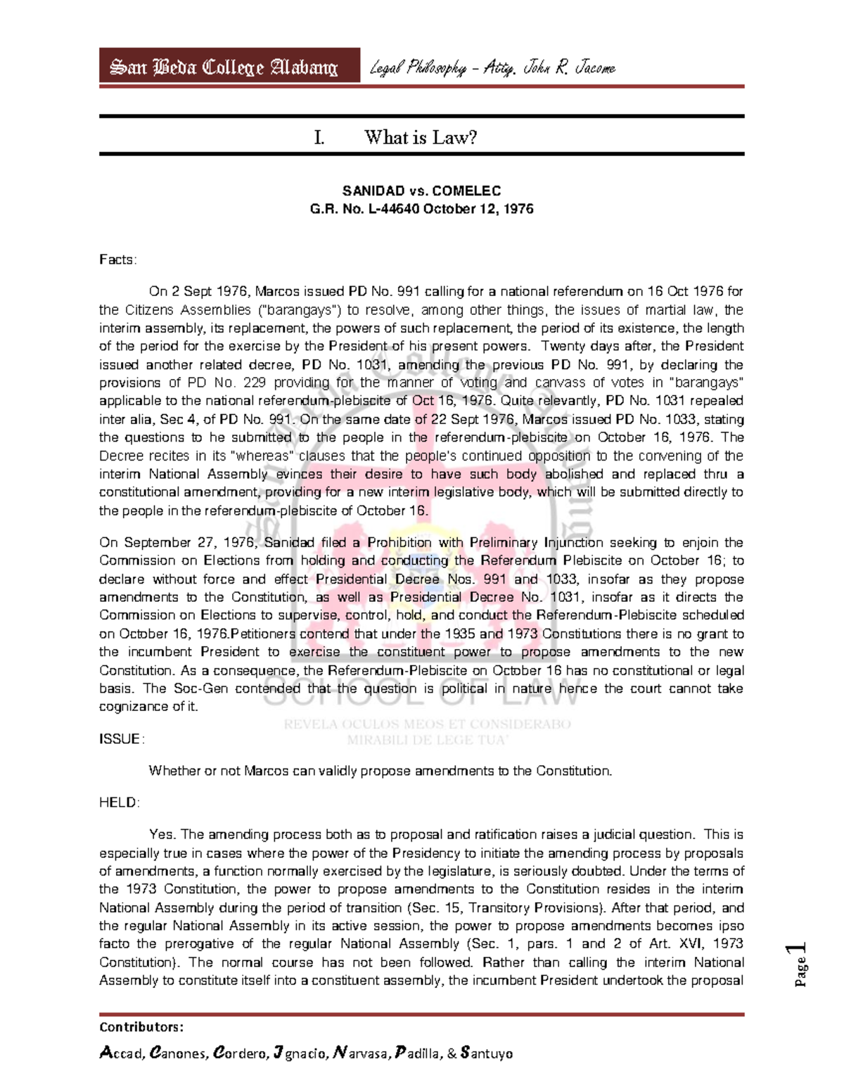 San Beda Cases - Legal Case Digest Overview (L-44640, L-22008) - Studocu