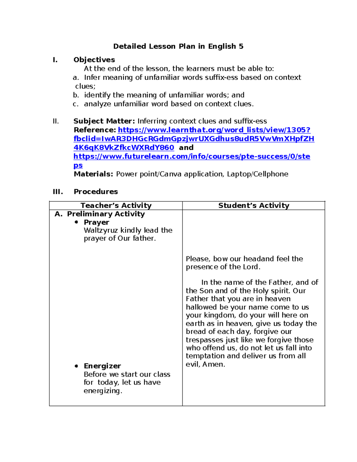 Detailed Lesson Plan on Context Clues for English 5 - Studocu