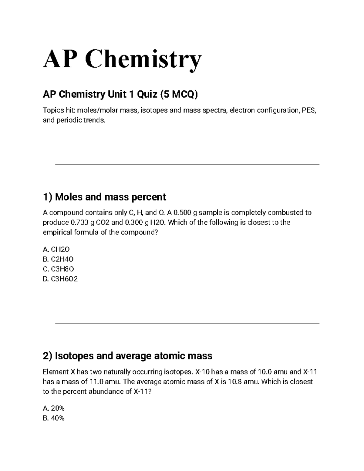 AP Chem Unit 1 Quiz Review: Mass, Isotopes, and Electron Configurations ...
