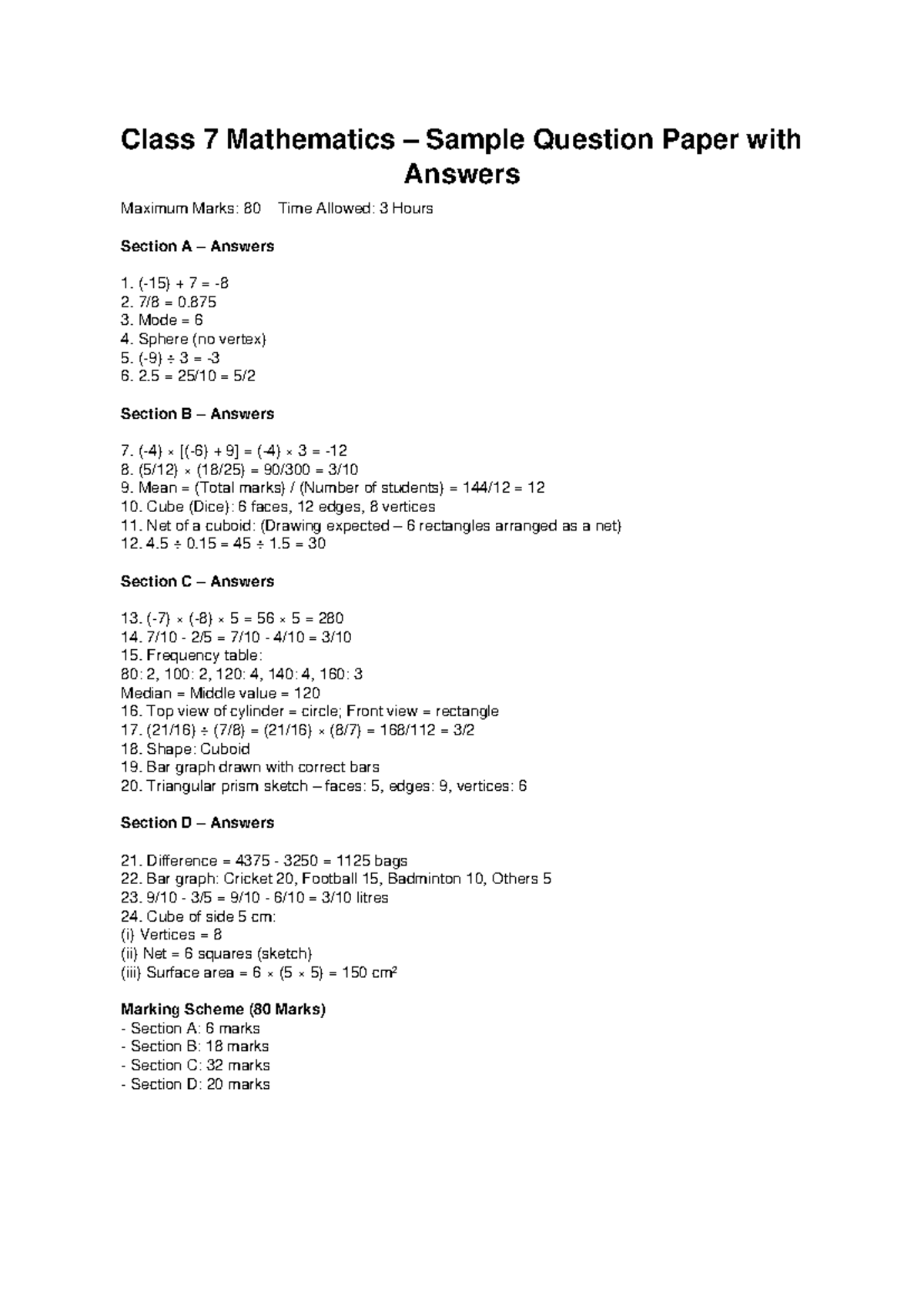 Class 7 Mathematics Sample Question Paper with Solutions - Studocu
