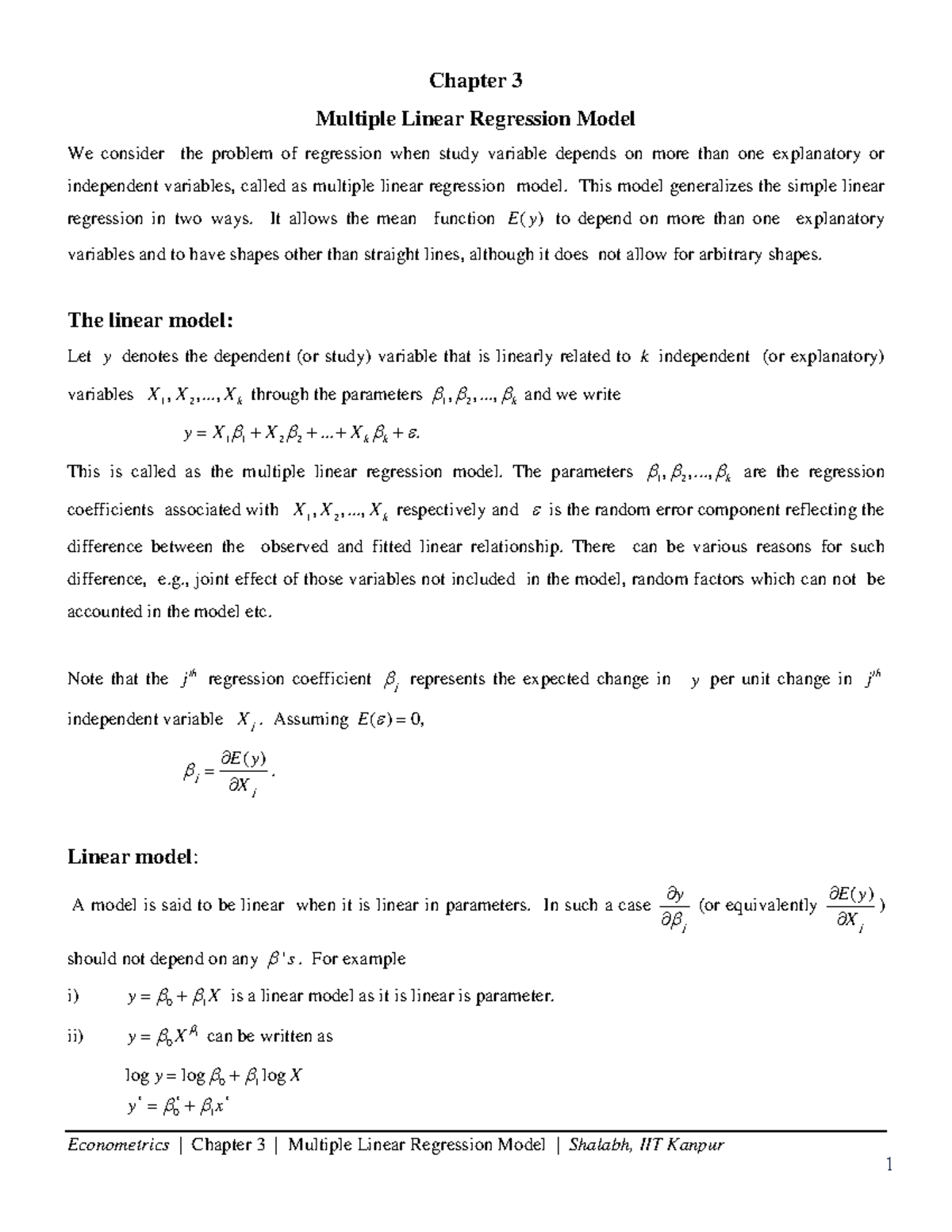 Chapter 3 Econometrics: Multiple Linear Regression Model Notes - Studocu