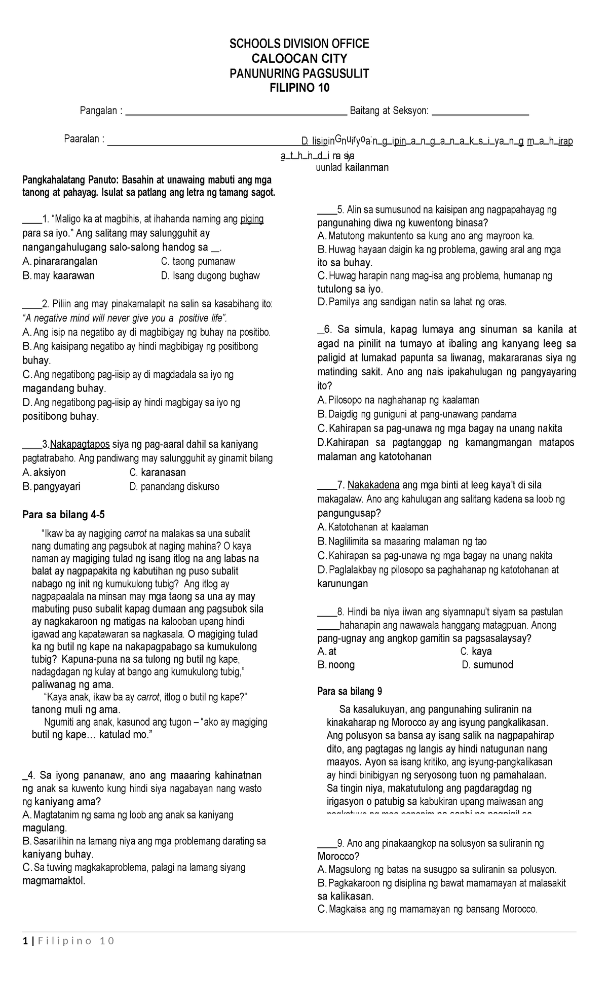 Diagnostic Test for Filipino 10: Understanding Literary Metaphors - Studocu