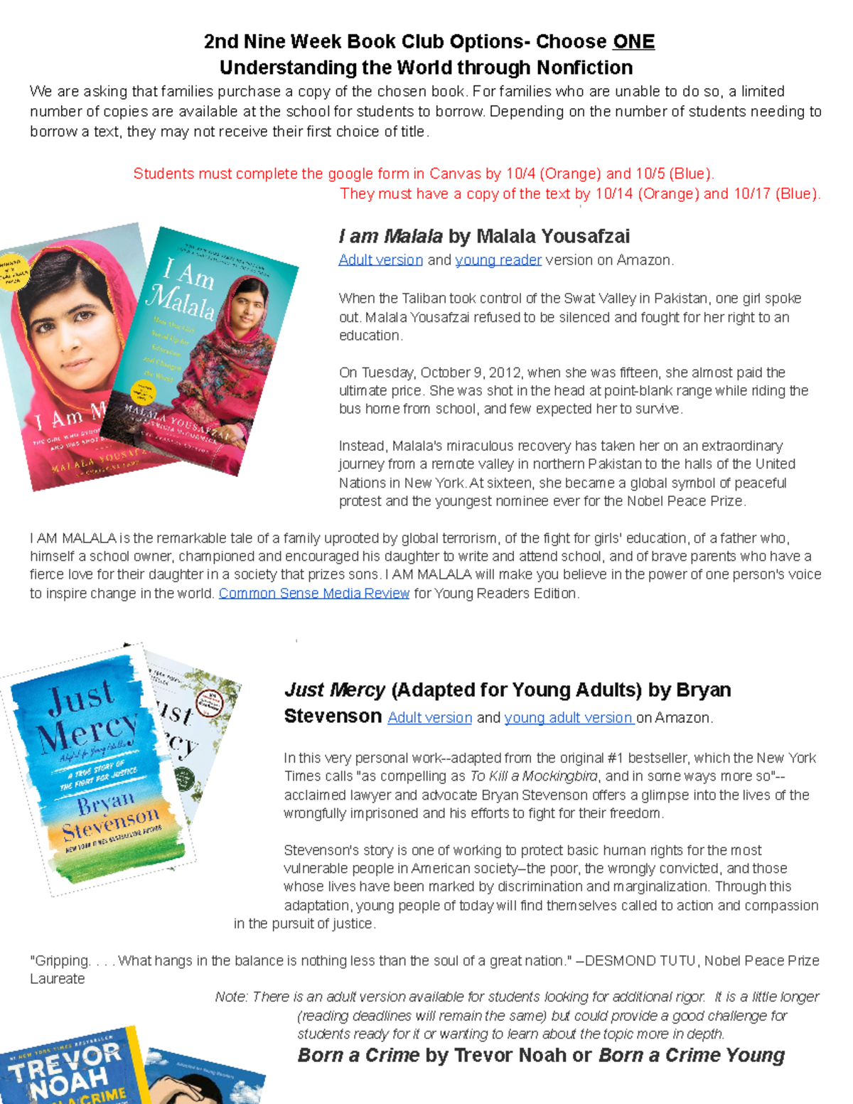 2nd 9 Week Book Clubs - books - 2nd Nine Week Book Club Options- Choose ...