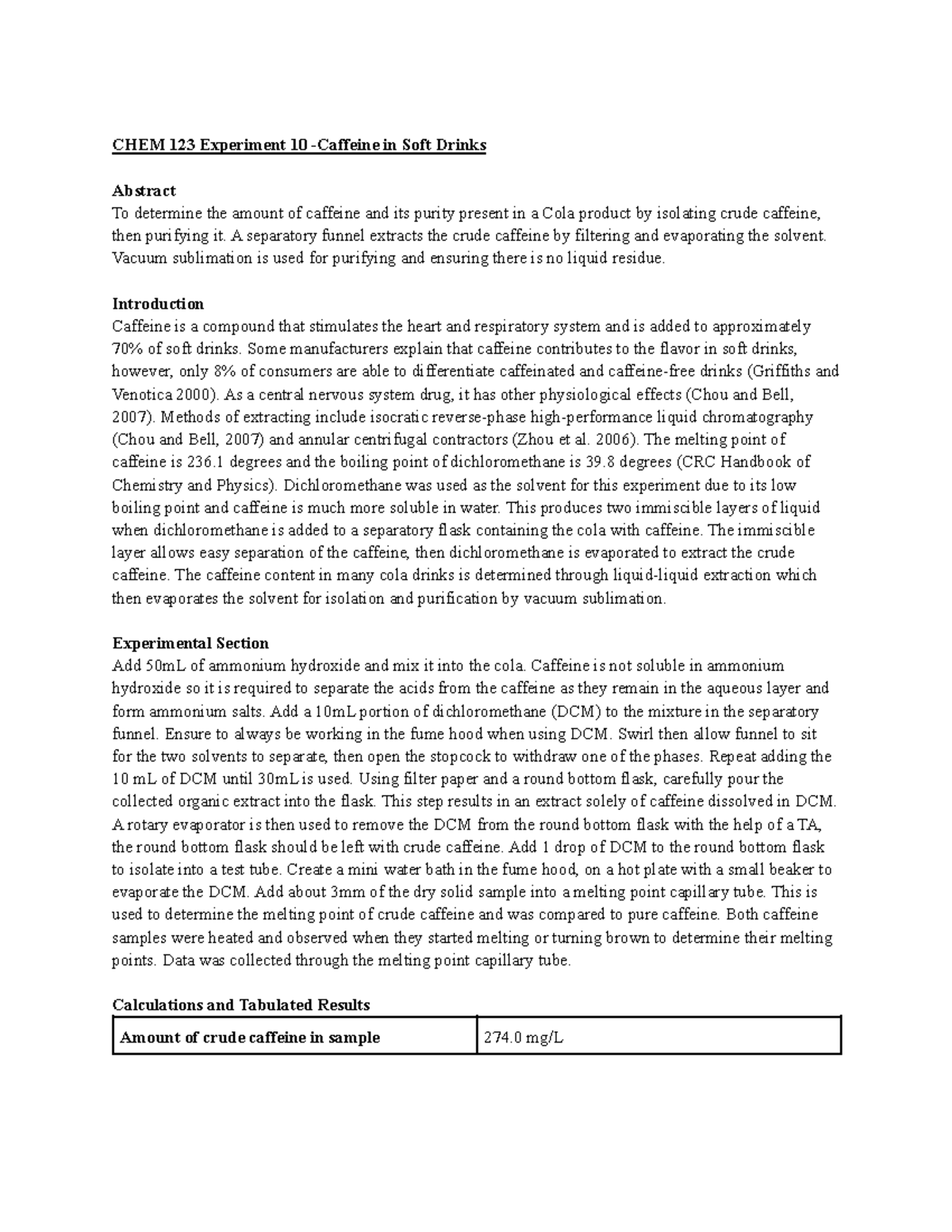 CHEM 123 EXP 10 - Lab Report on Caffeine Extraction from Cola - Studocu