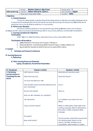EN9 - Detailed Lesson Plan on Tone and Mood in Literature - Studocu