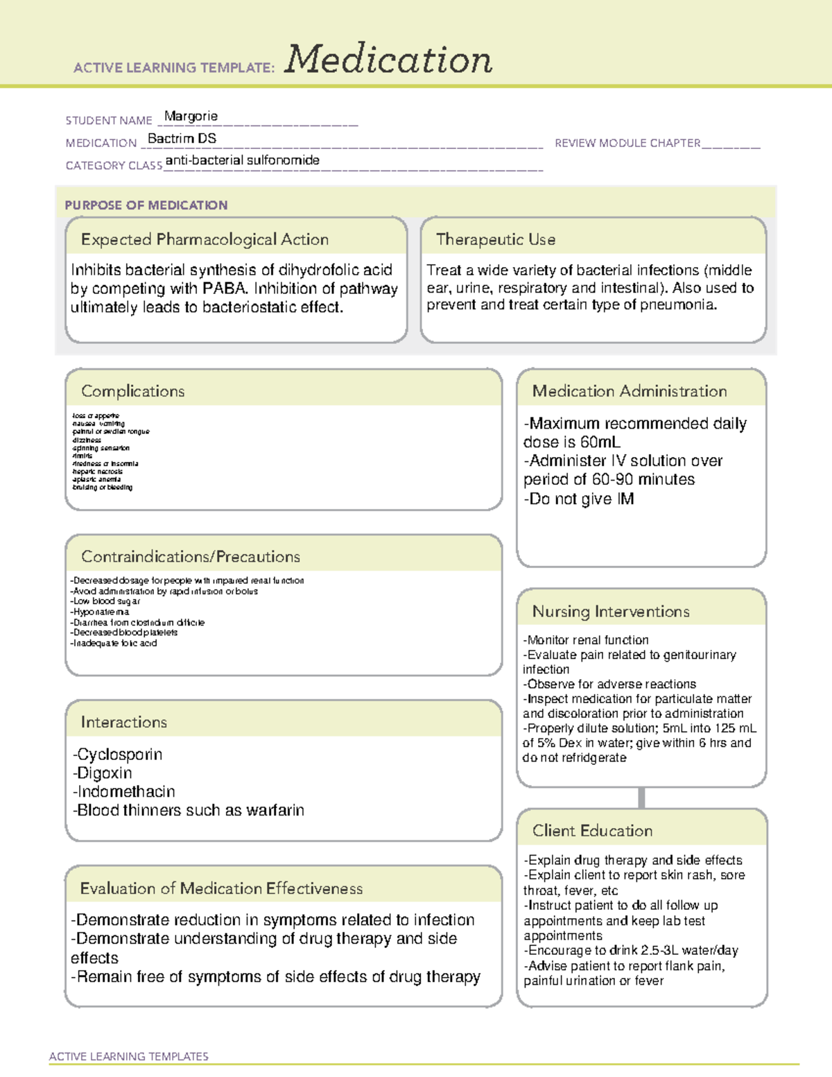 ATI Medication Template: Bactrim DS Active Learning Notes - Studocu