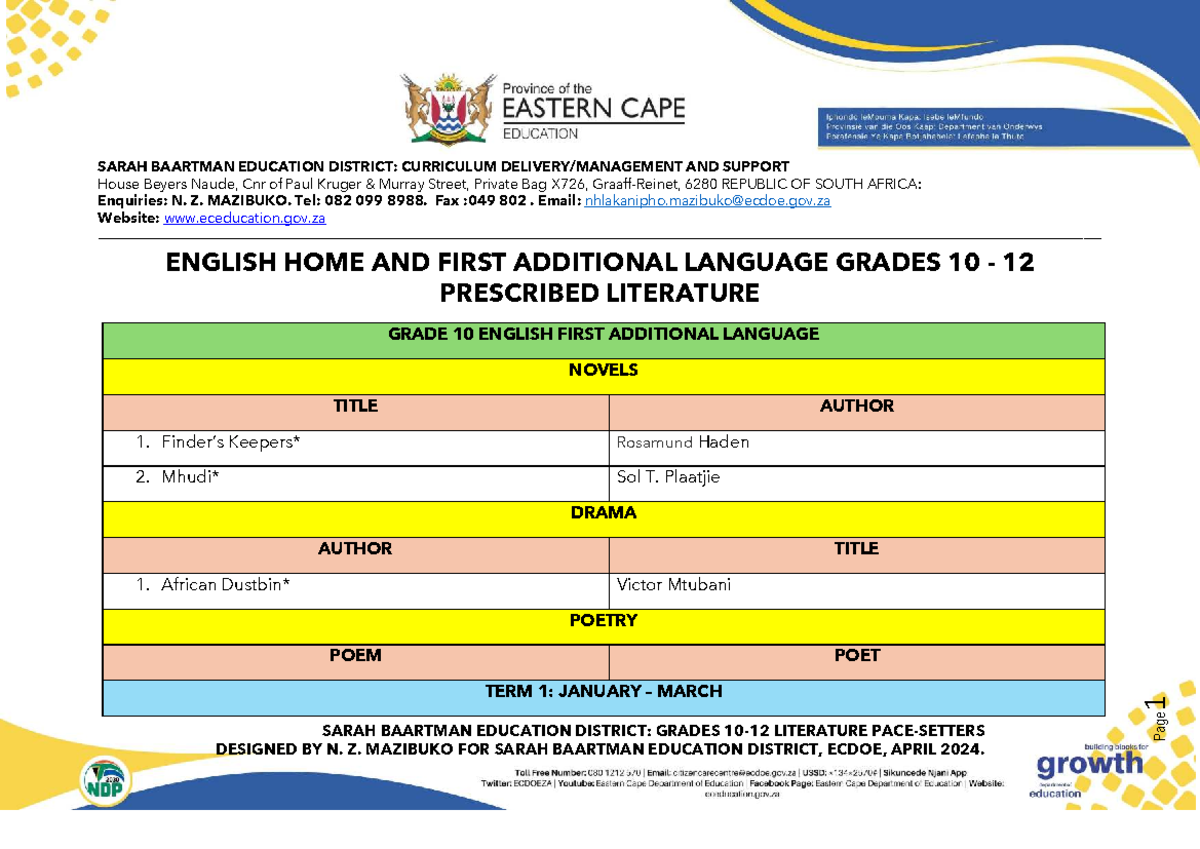 Grade 10-12 Prescribed Literature: SARAH BAARTMAN EDUCATION DISTRICT ...