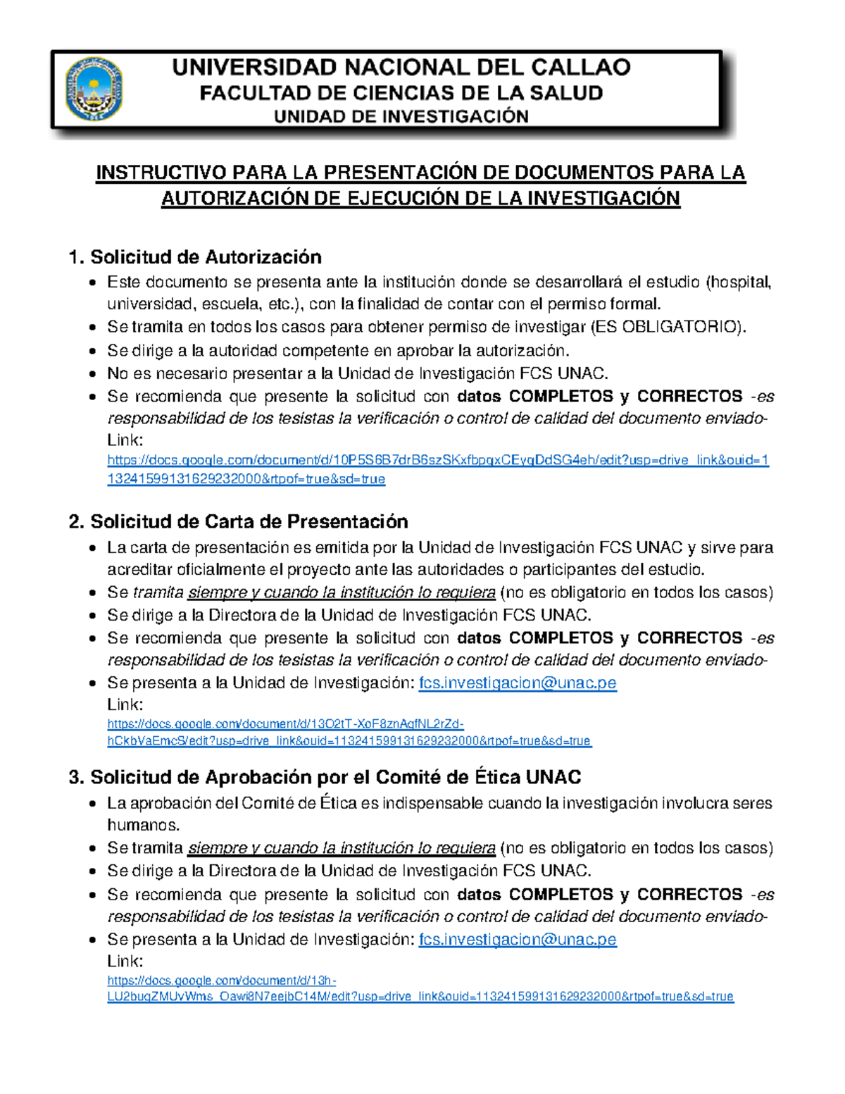 Instructivo para Autorización de Ejecución de Investigación FCS UNAC ...
