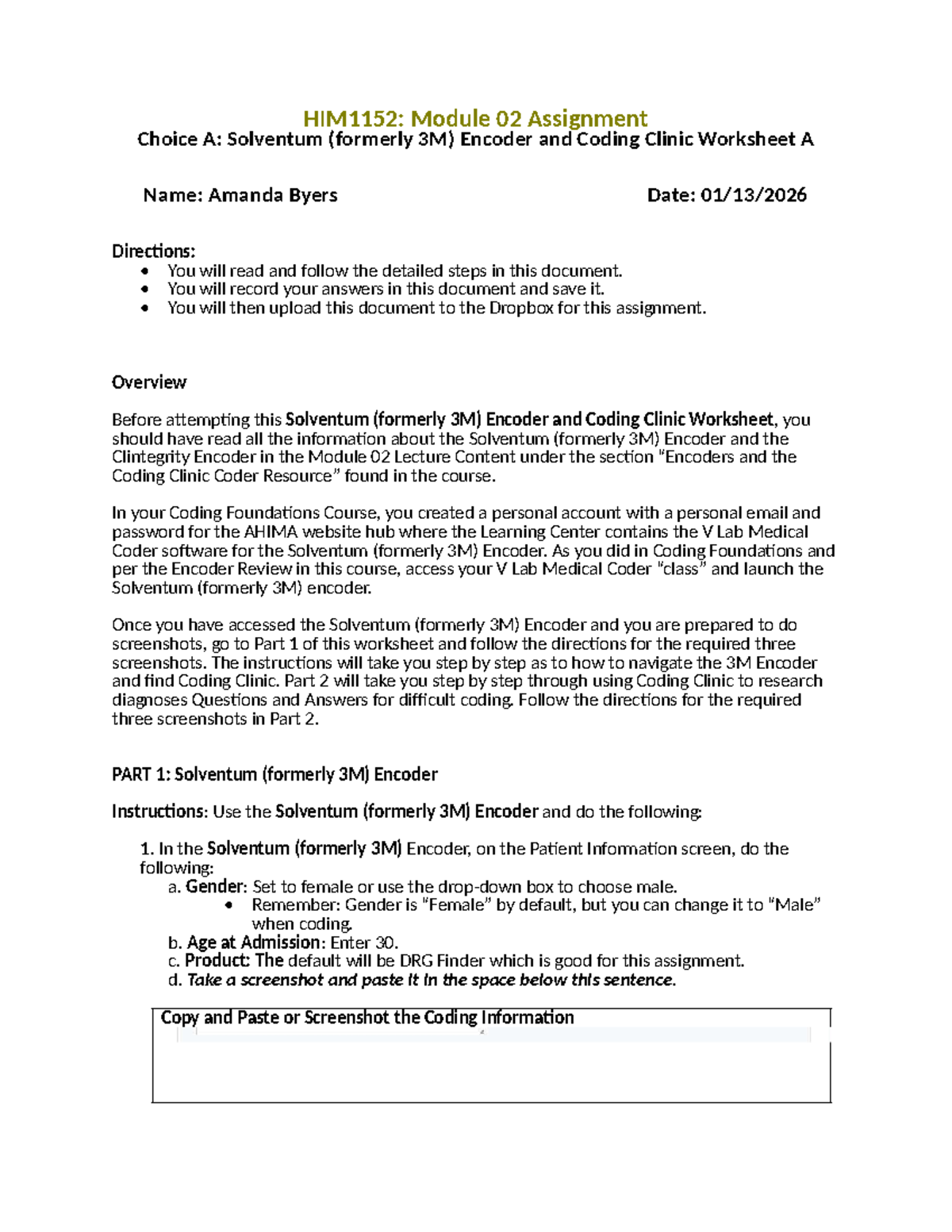 HIM1152: Module 02 Assignment A - Solventum Encoder Worksheet - Studocu