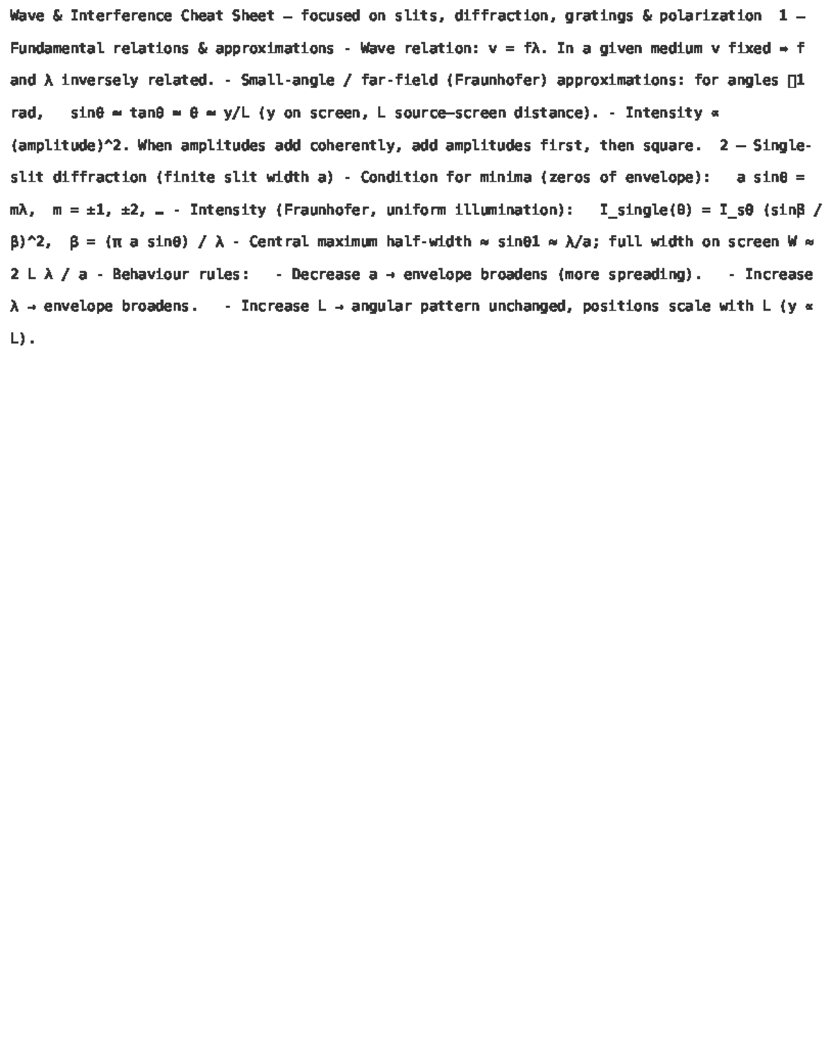 Wave Interference Cheat Sheet: Slits, Diffraction, and Polarization ...