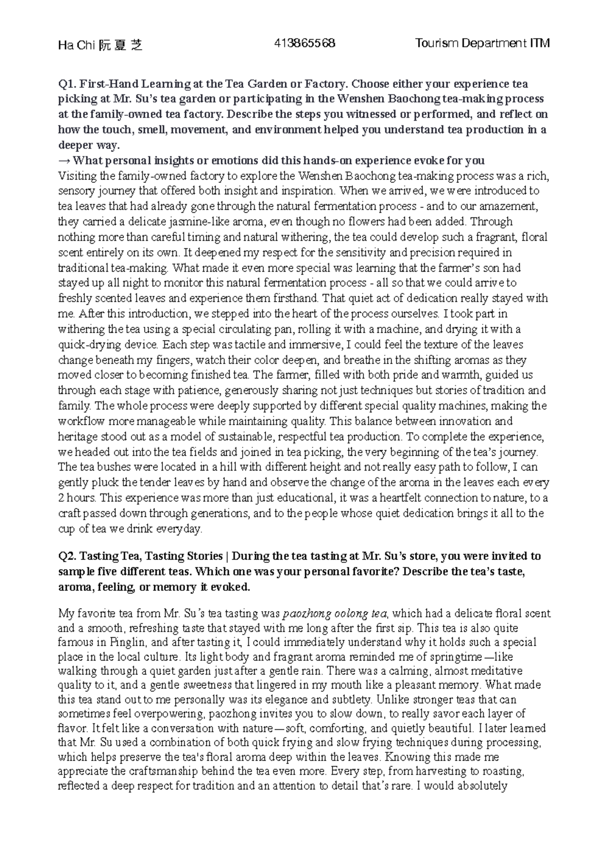 ITM Q1: Insights from Tea Picking & Tasting in Pinglin - Studocu