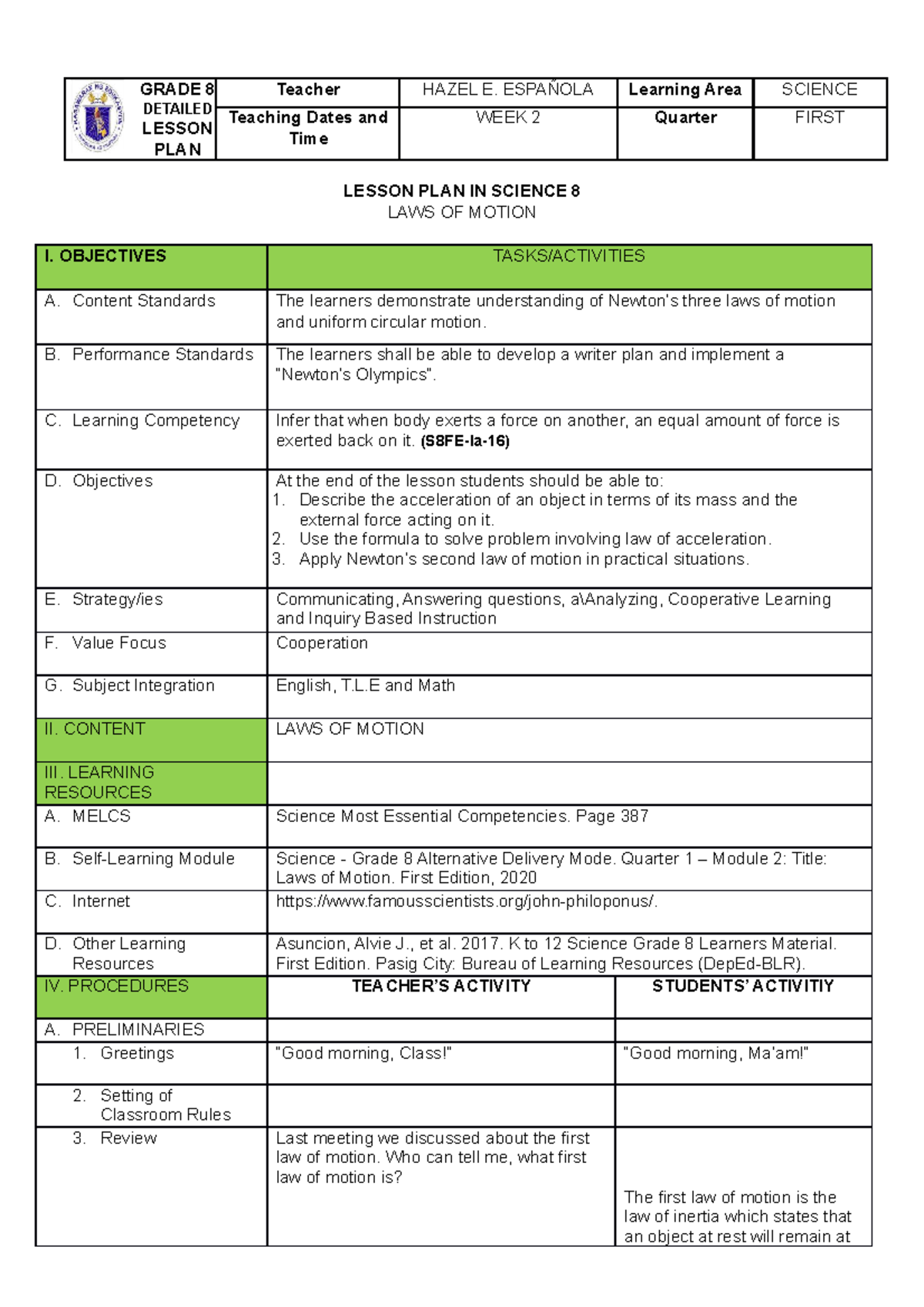 Grade 8 Science Lesson Plan: Laws of Motion and Acceleration - Studocu