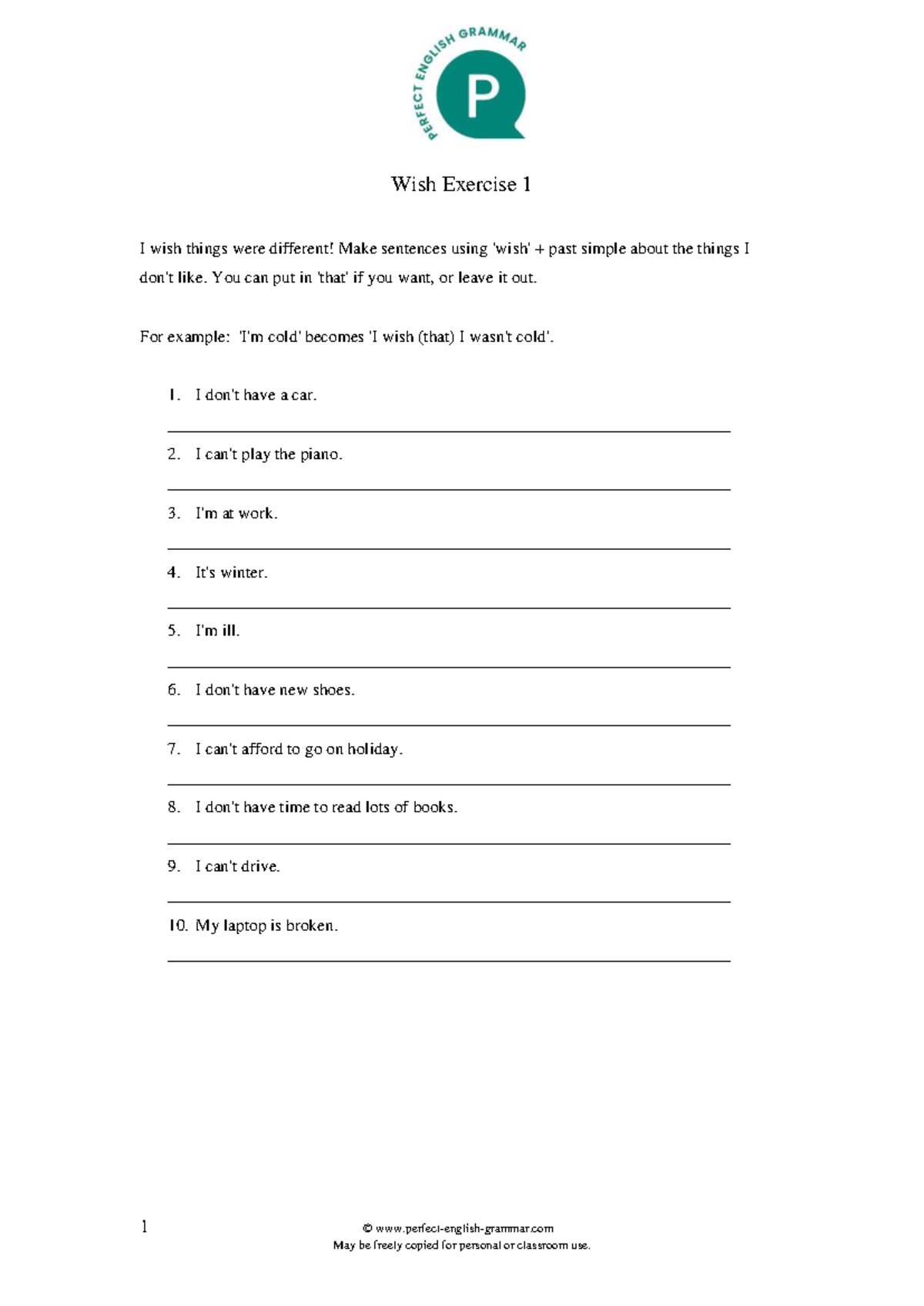 Wish Exercise 1: Past Simple Sentences for Grammar Practice - Studocu