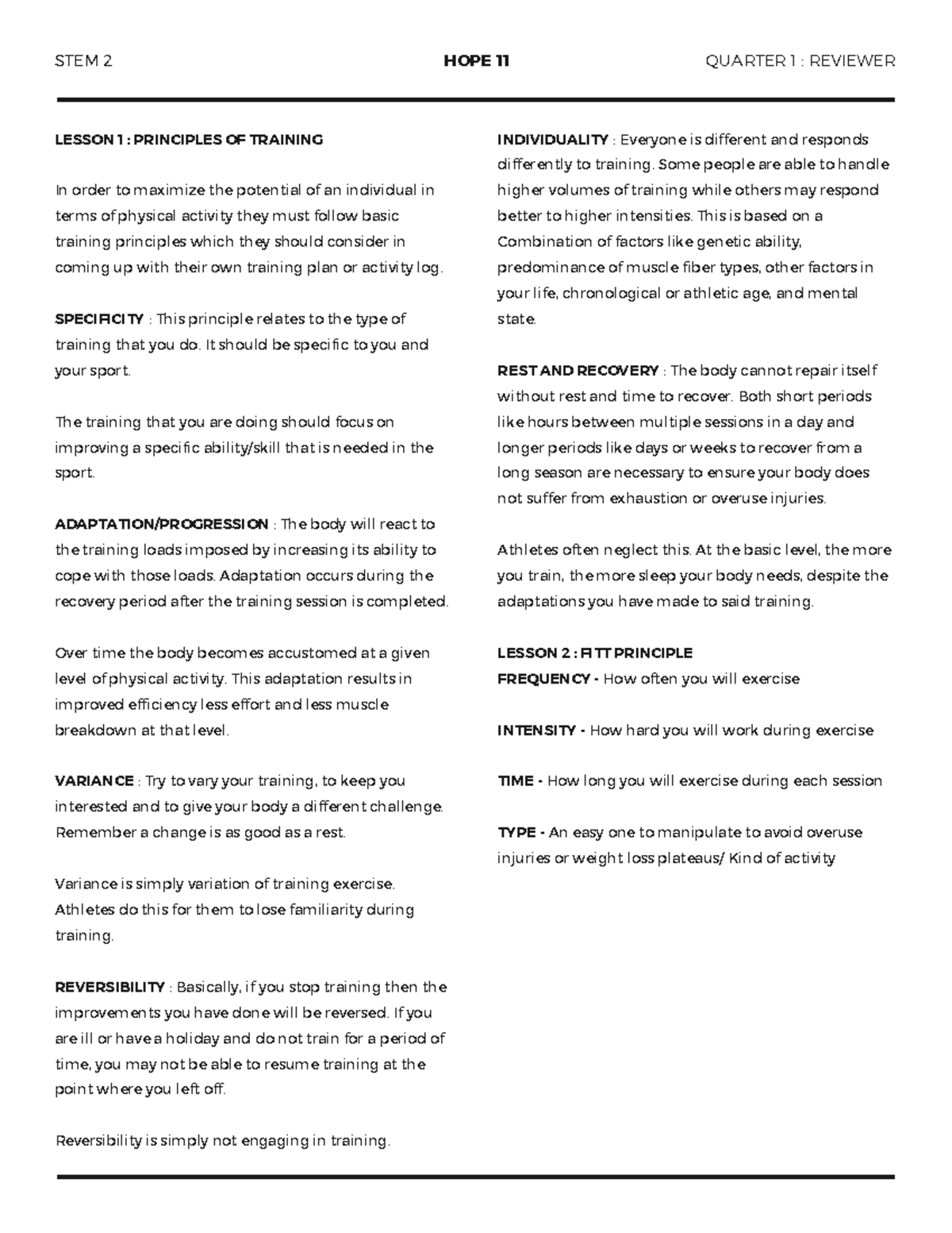 HOPE 11 Lesson 1 & 2: Principles of Training & FITT Overview - Studocu