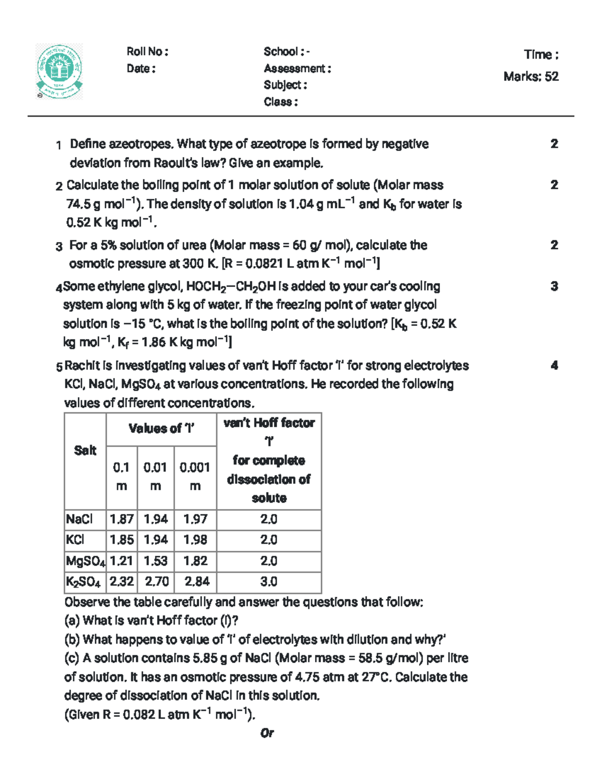 Chemistry 101: Azeotropes, Colligative Properties & Solutions Exam ...