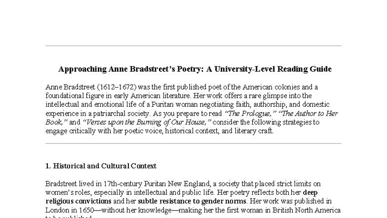 📘 Approaching Anne Bradstreet: A Critical Reading Guide - Studocu