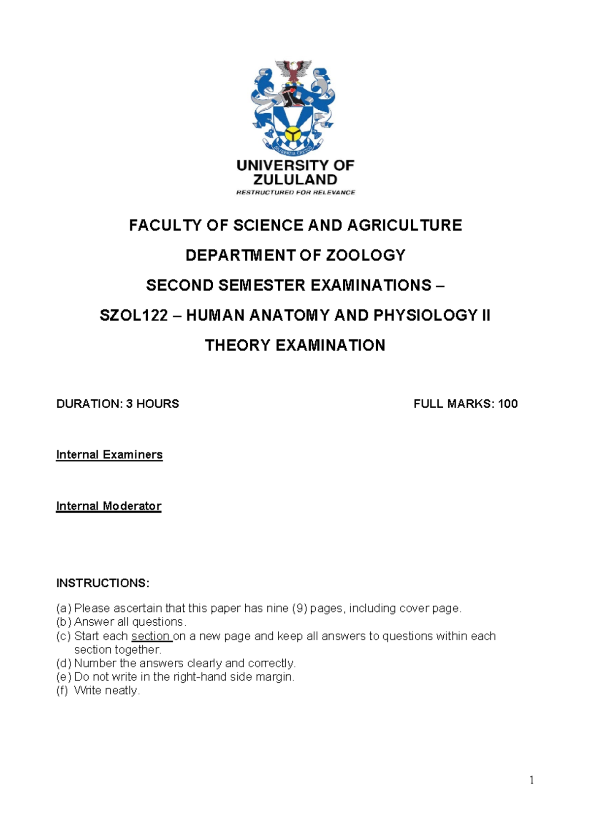 SZOL122 Final Exam Paper: Human Anatomy and Physiology II - Studocu