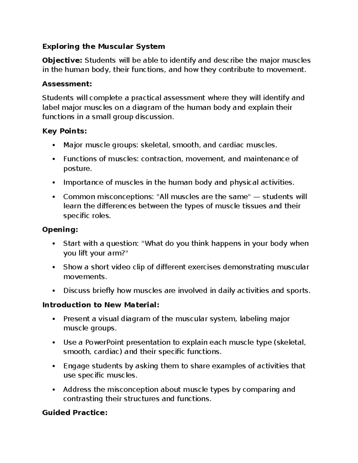 5E Muscular System Lesson Plan Suggestions - Exploring the Muscular ...