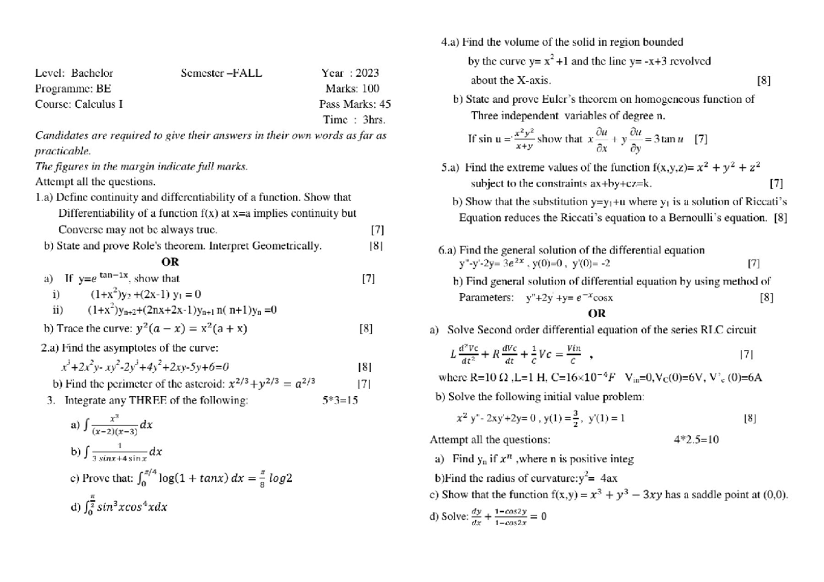 Calculus I Model Question Paper - BE 2023 - Studocu