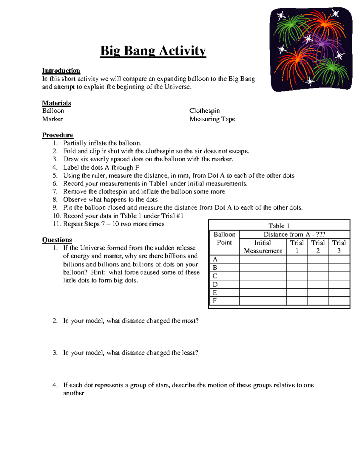 Big Bang Activity: Exploring Cosmological Expansion through ...