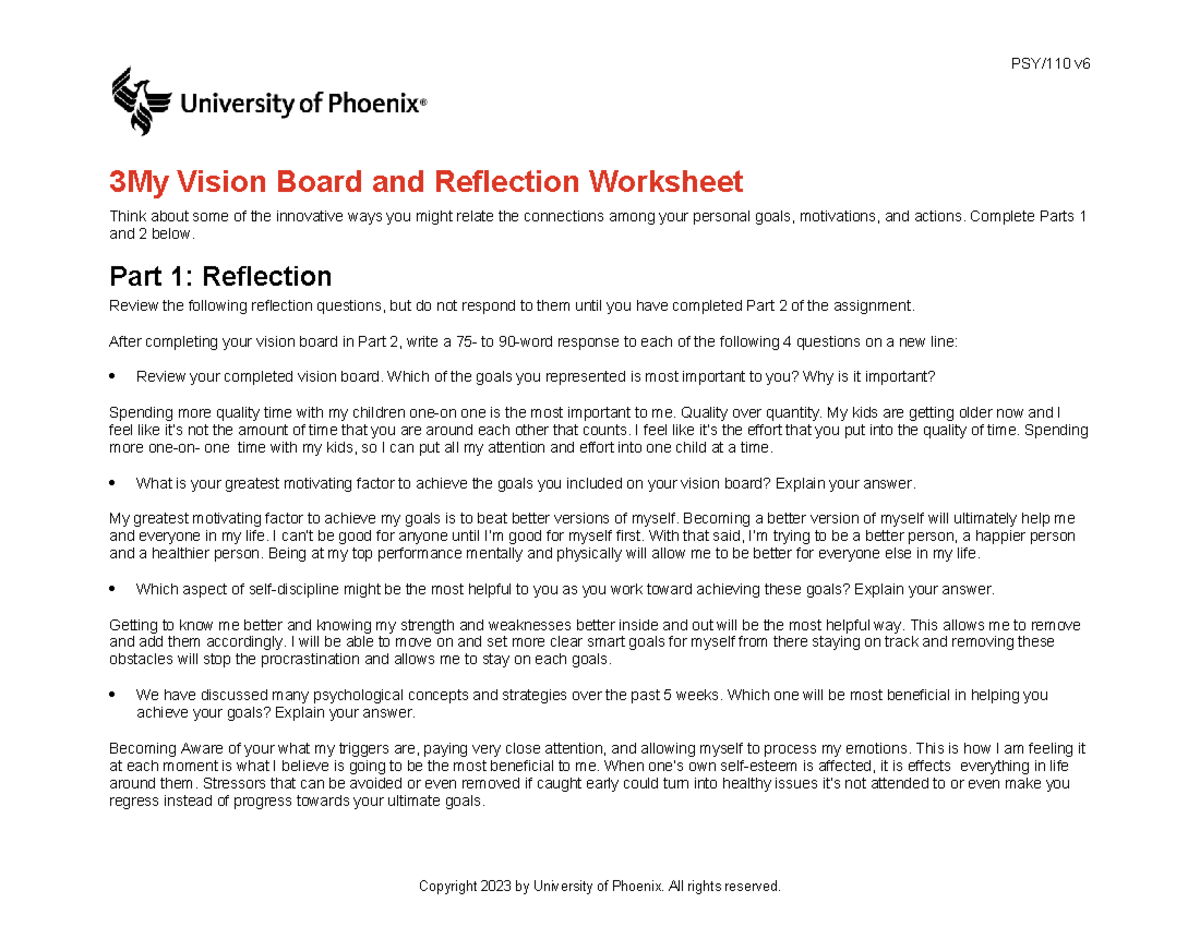 Psy110 v6 Week 5: My Vision Board & Reflection Worksheet - Studocu