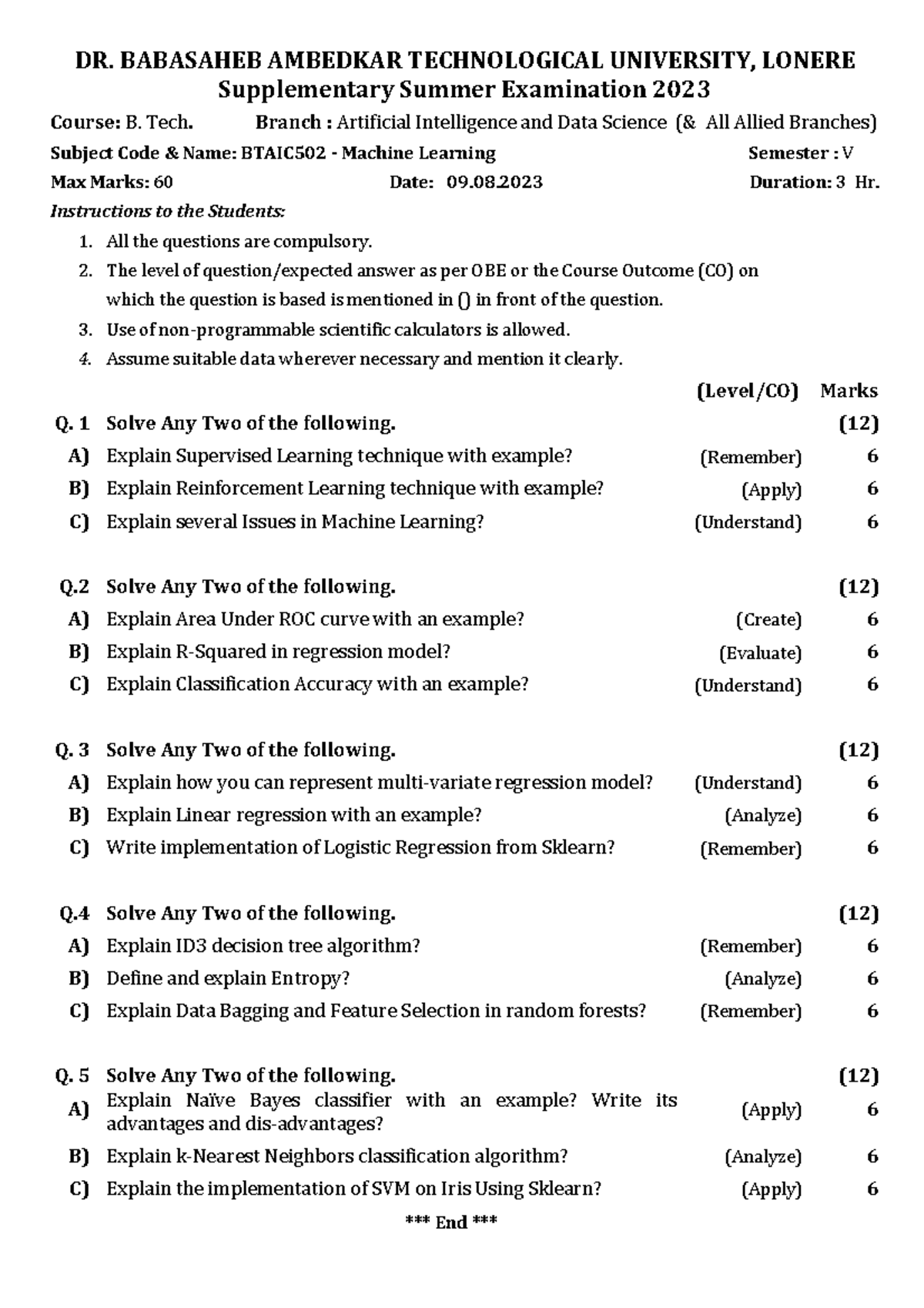 Machine Learning - BTAIC502 Supplementary Exam Notes - Studocu