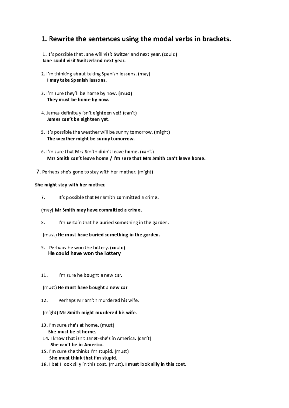 Modal Verbs Practice Exercise: Sentence Rewriting and Usage - Studocu