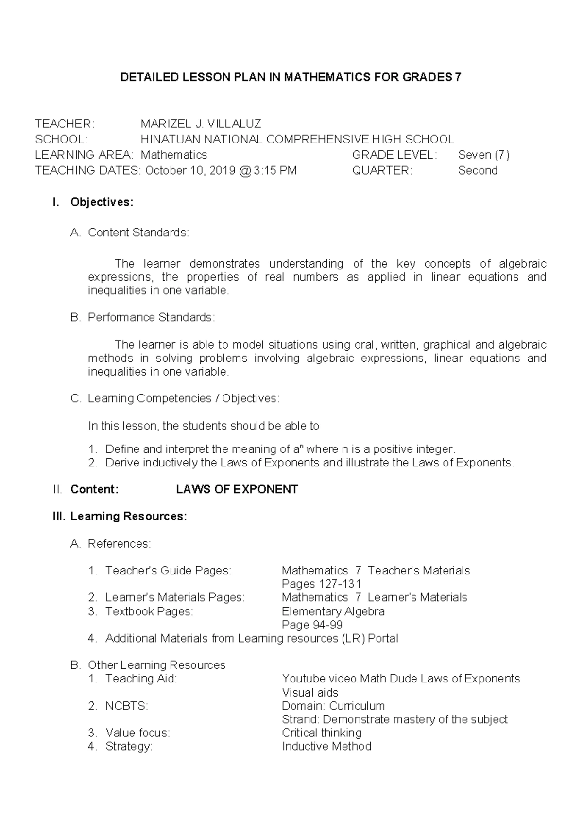 Mathematics 8: Lesson Plan on Laws of Exponents - Republika ng ...