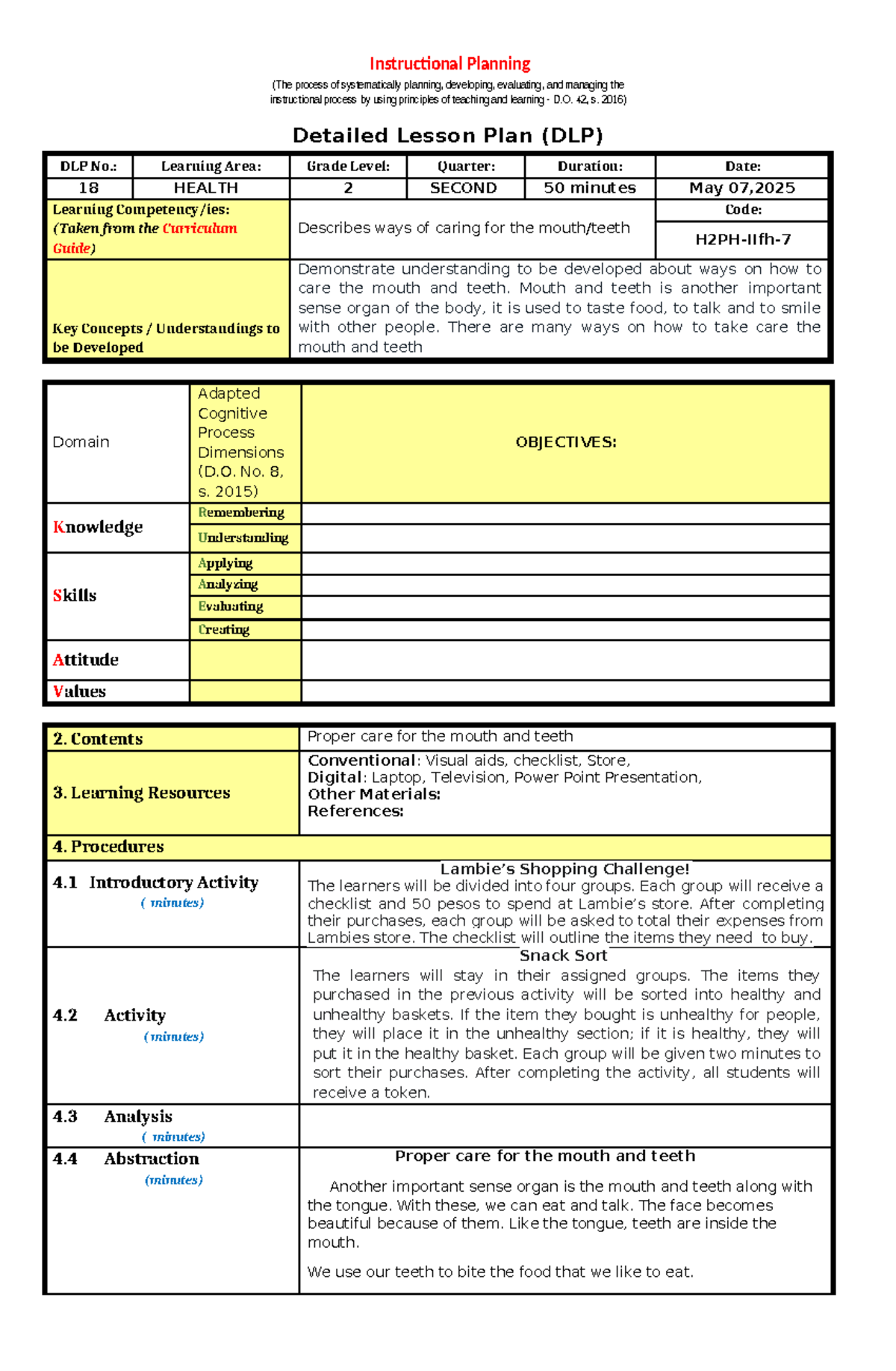 Detailed Lesson Plan (DLP) for Grade 2 Health: Caring for Mouth & Teeth ...