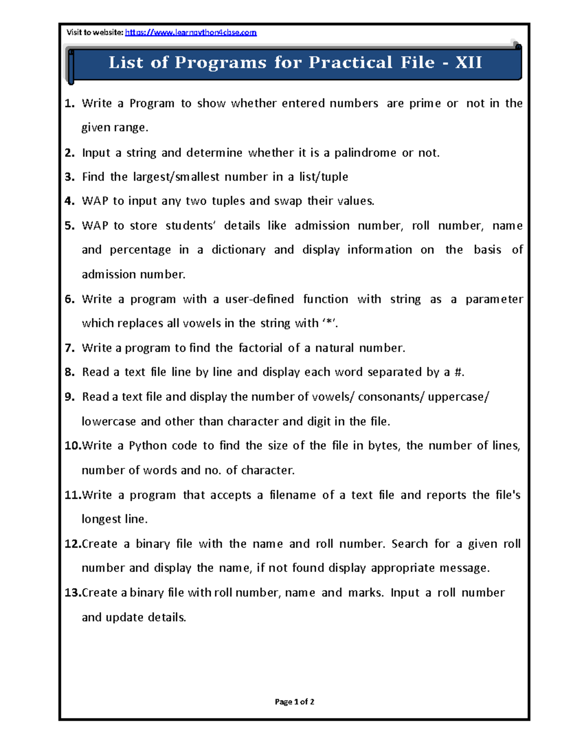 List of Programs for Practical File XII - Python Coding Tasks - Studocu