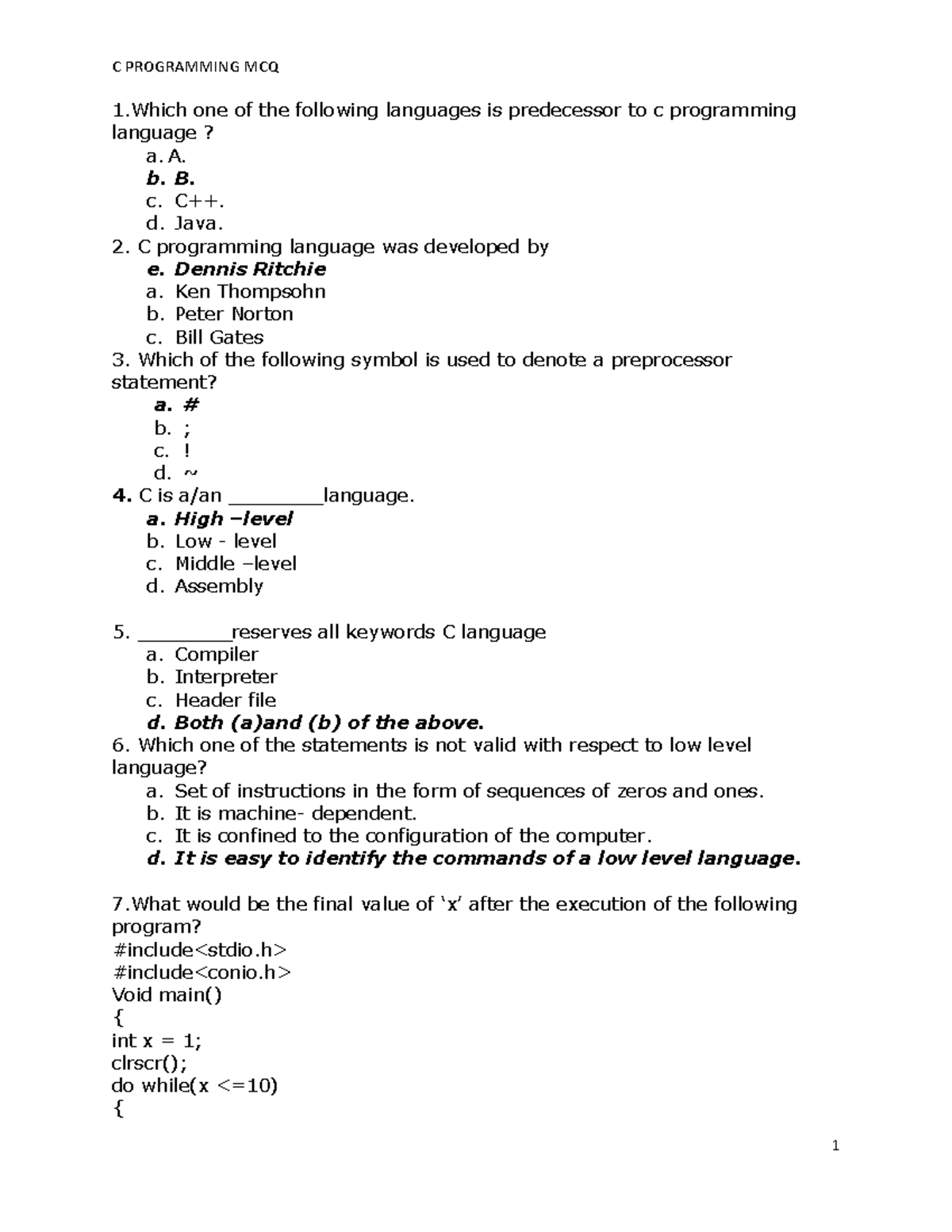 C PROGRAMMING MCQ - Comprehensive Questions and Answers - Studocu