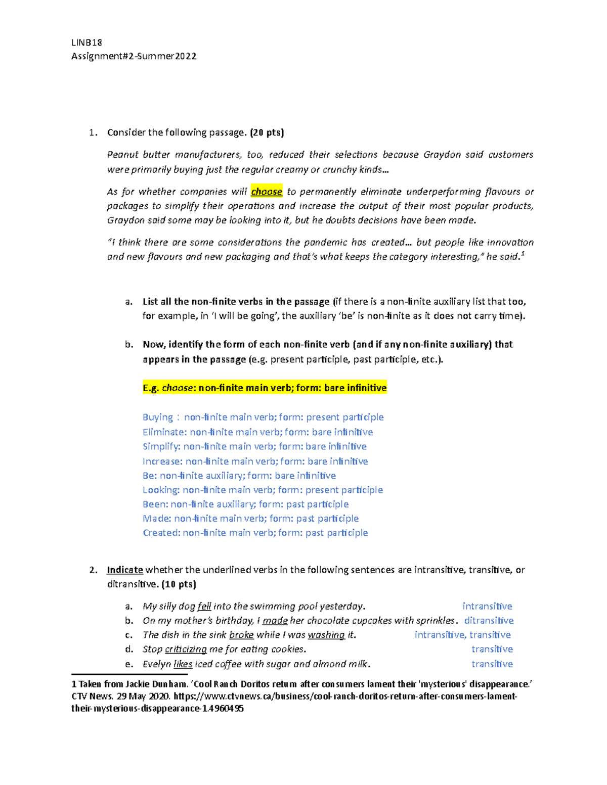 Assignment #2: Non-Finite Verbs & Verb Types - LINB18 Summer 2022 - Studocu