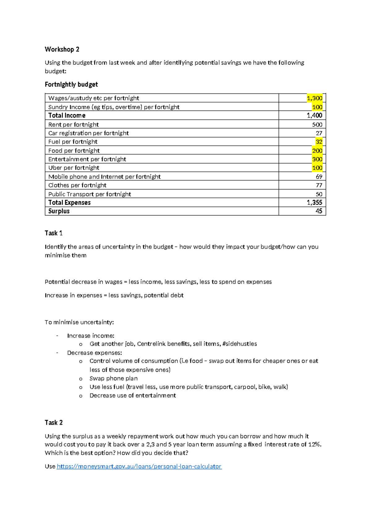 BSB107 Workshop 2: Budget Analysis and Savings Strategies - Studocu