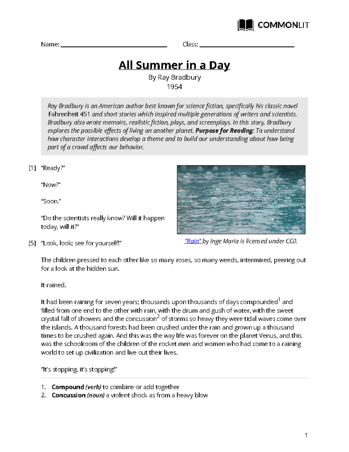 All Summer in a Day-student copy - Name: Class: "Rain" by Inge Maria is ...