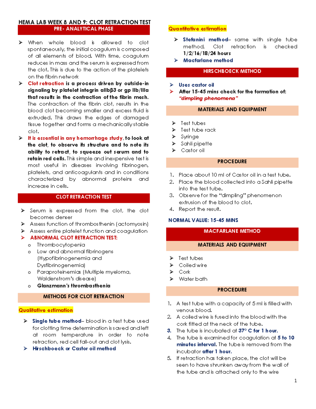 HEMA LAB WEEK 8 & 9: Clot Retraction Test Analysis and Methods - Studocu