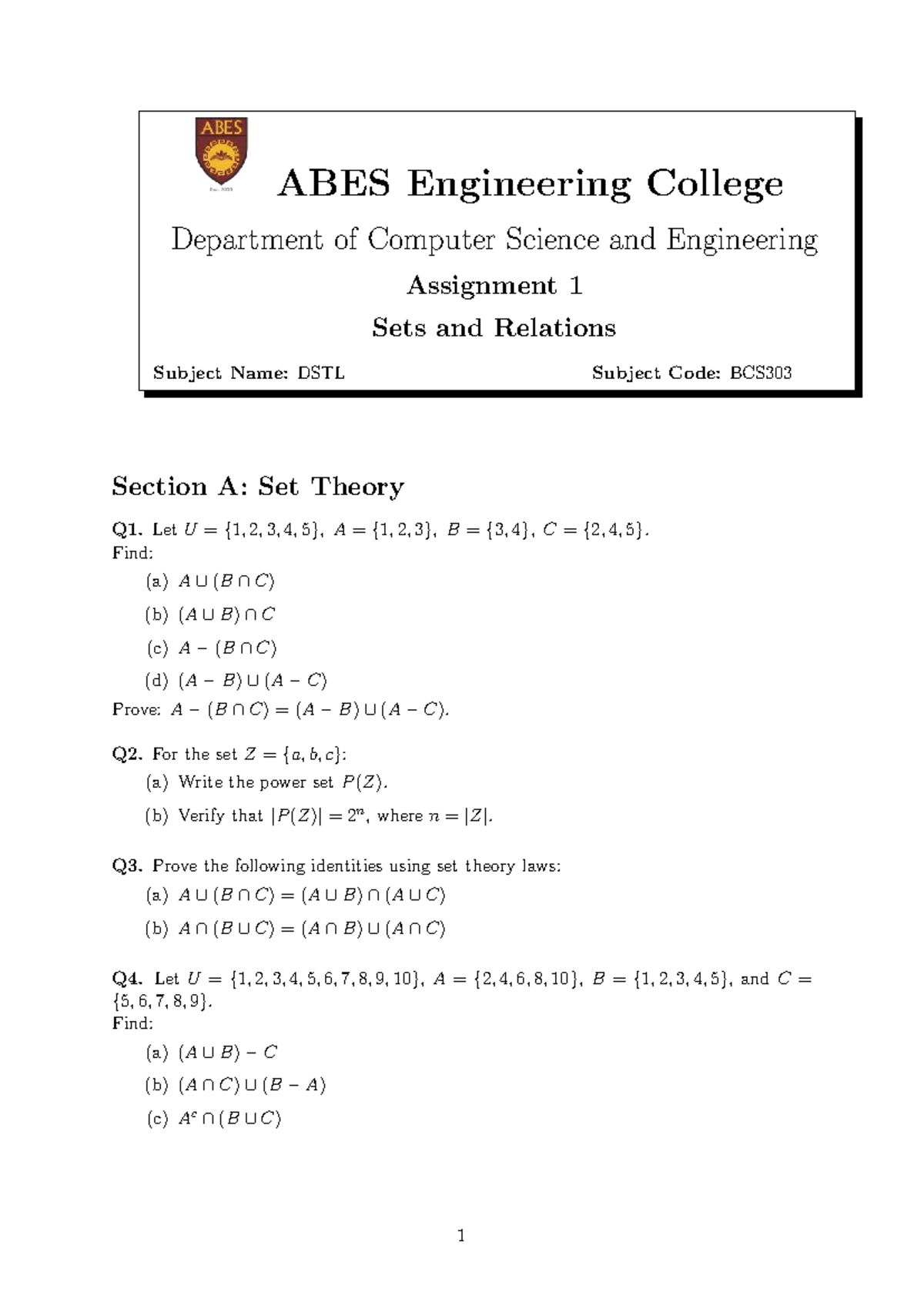 BCS303 Assignment 1: Sets and Relations in DSTL - Studocu