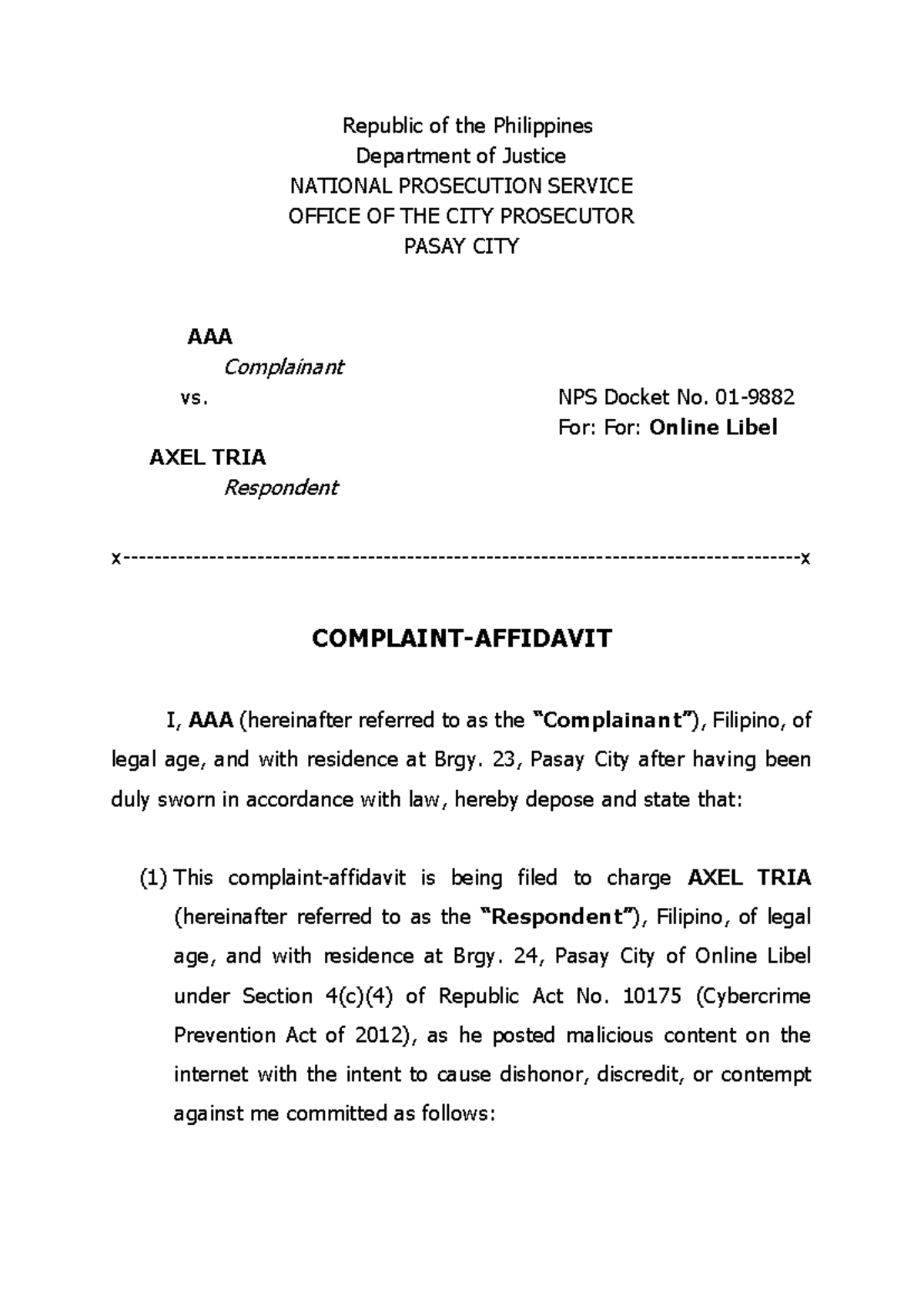 Complaint-Affidavit AAA: Libel Case Against Axel Tria (NPS Docket No ...