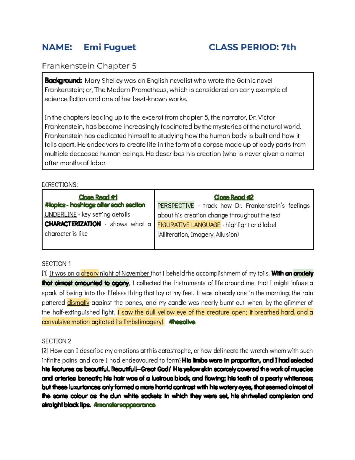 Frankenstein (ENG 101) Chapter 5 Analysis and Close Reading Notes - Studocu